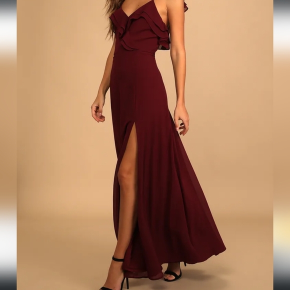 Lulus | Dresses | New Adoring Glances Burgundy Ruffled Maxi Dress ...